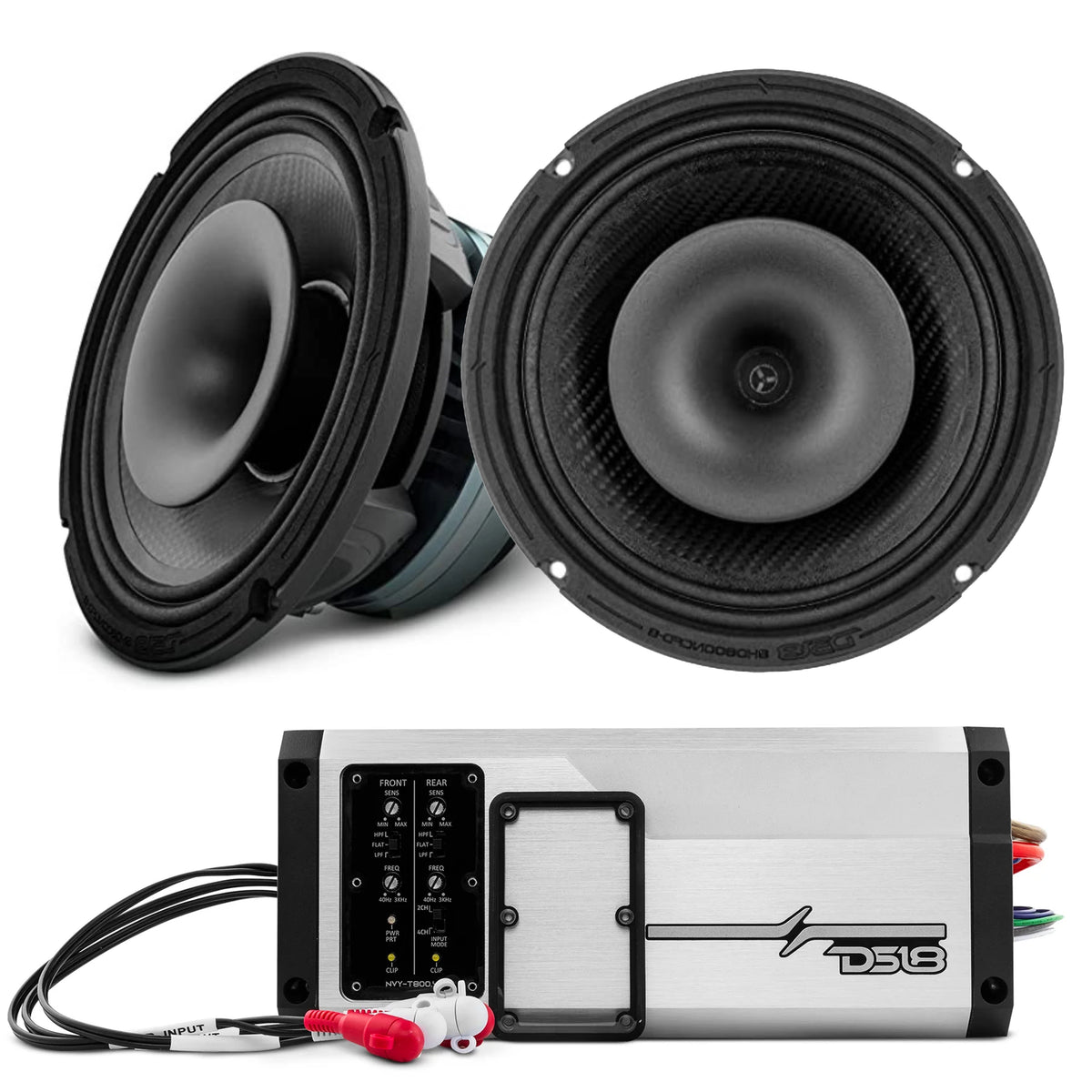 DS18 2x 8HD 4 Ohm/8 Ohm Waterproof 8" Hybrid Speakers with Marine 4 Ch ...