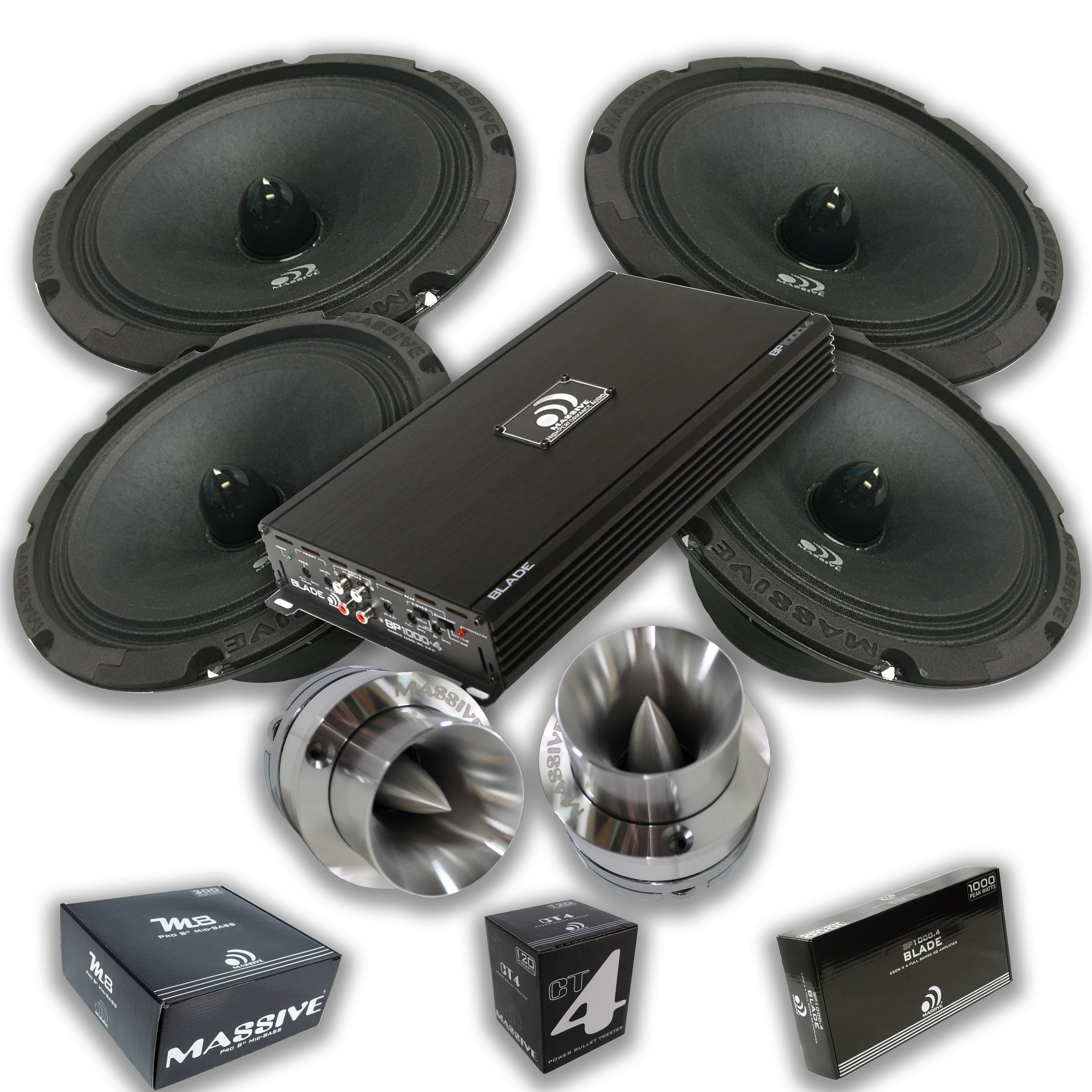 Massive Car Audio 8" Speakers 1200W 8 Ohm Bullet Tweeters 4 Ch Amp ...