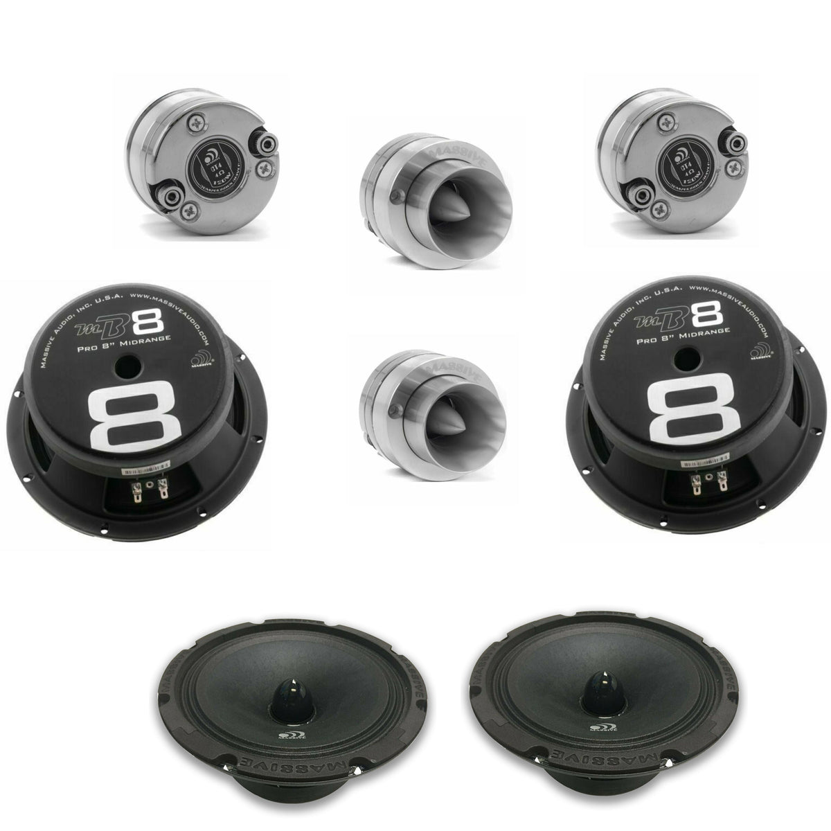 Massive Car Audio 8 Loud Speakers 1600W 8 Ohm With 2x Super 1 Bullet T ...